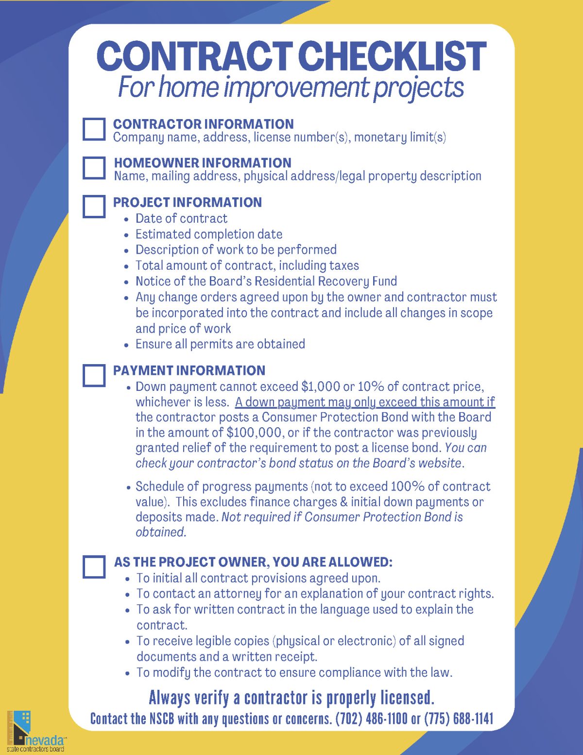 Residential Improvements Checklist – Nevada State Contractors Board