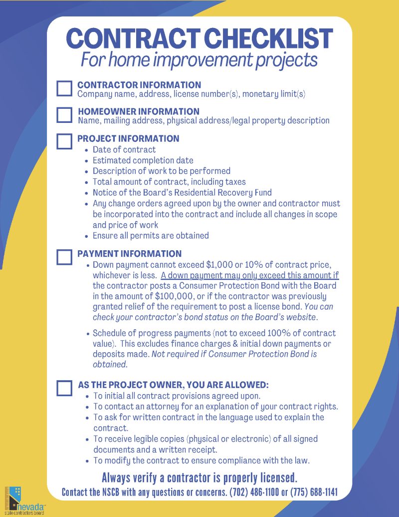 Residential Improvements Checklist – Nevada State Contractors Board